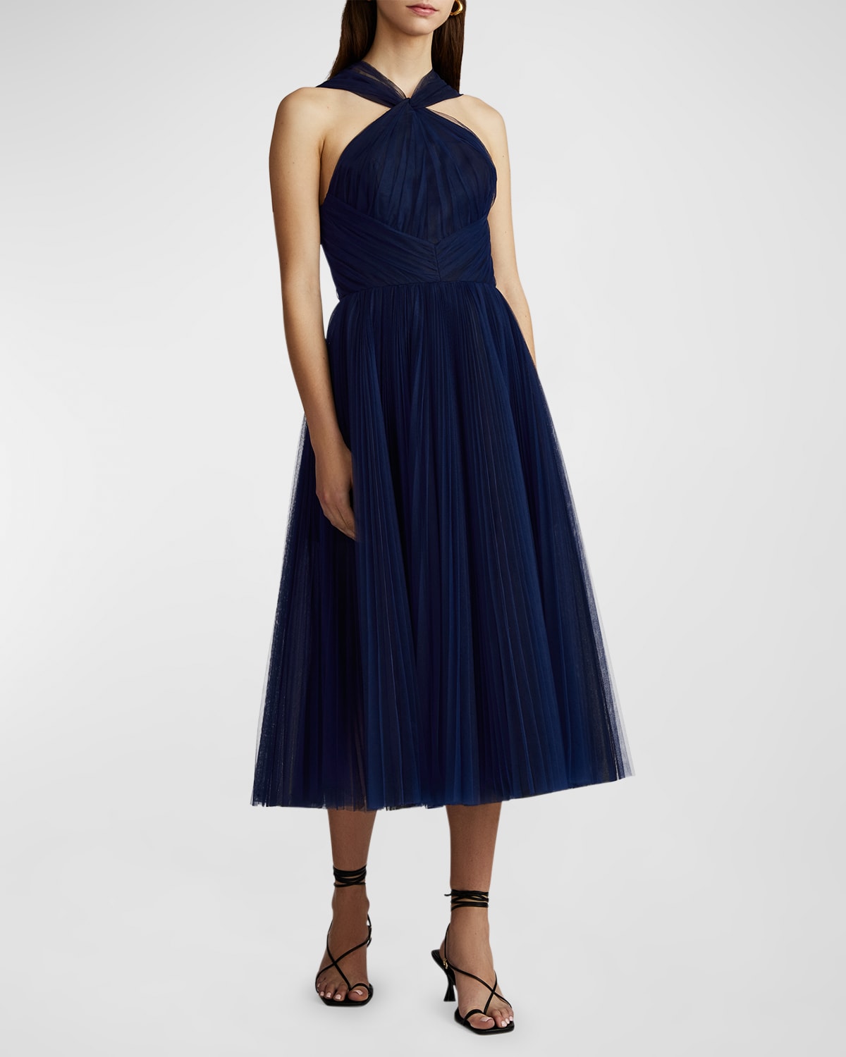 Zac Posen Sleeveless Pleated Tulle Midi Dress | Neiman Marcus
