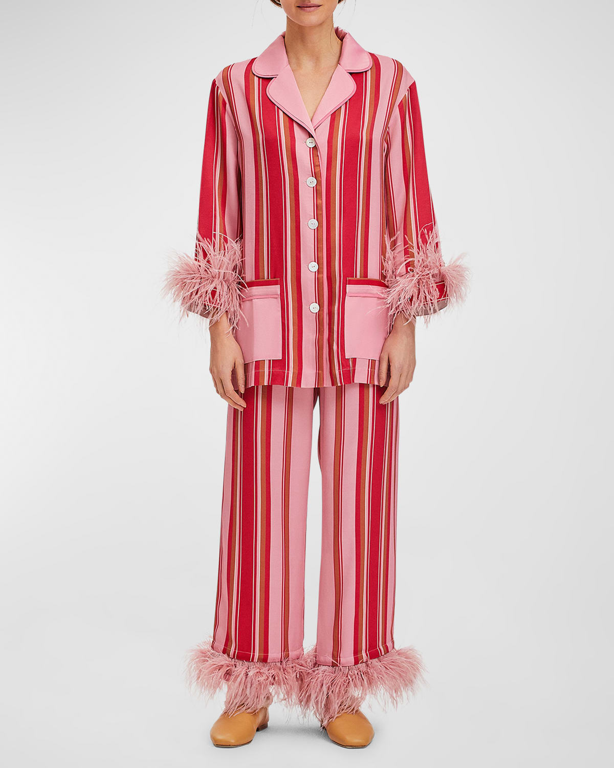 Sleeper Check-Print Feather-Trim Party Pajama Set | Neiman Marcus