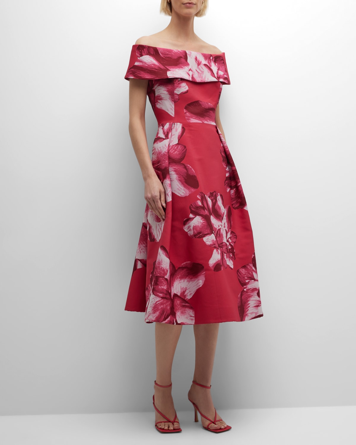 Rickie Freeman for Teri Jon Pleated Off-Shoulder Floral-Print Midi ...