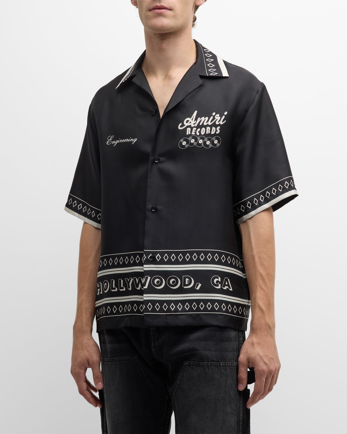 Amiri Men's Mixed Monogram Silk Camp Shirt | Neiman Marcus