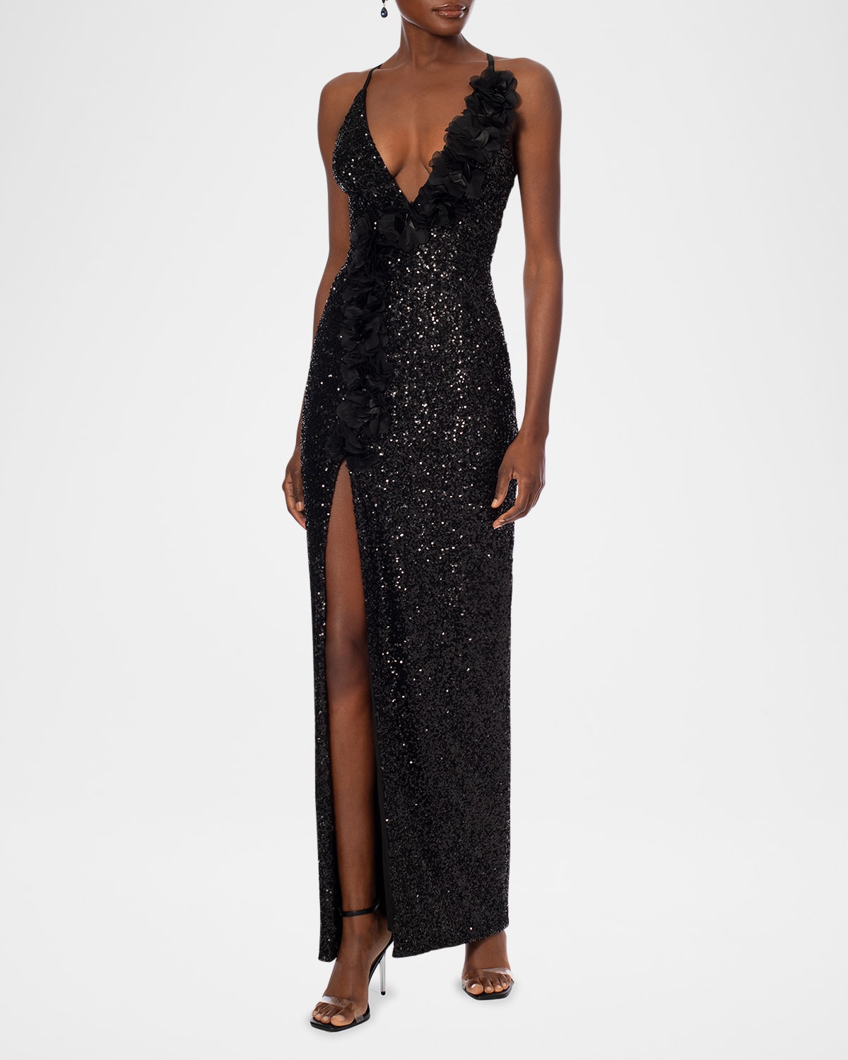 HELSI Julie Sequin Feather-Trim Column Gown | Neiman Marcus