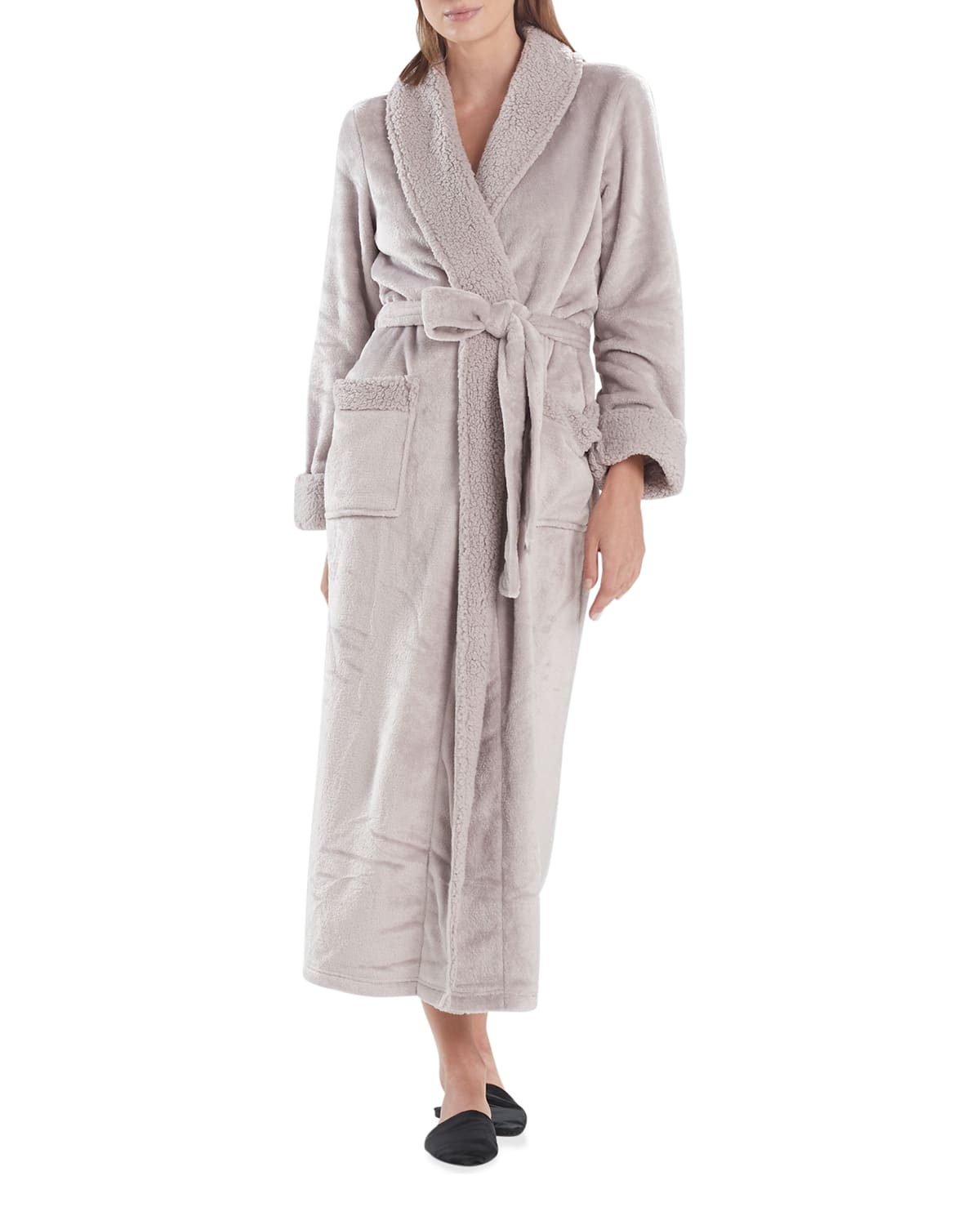 Josie Natori Sleek Lace-Trim Silk Robe | Neiman Marcus