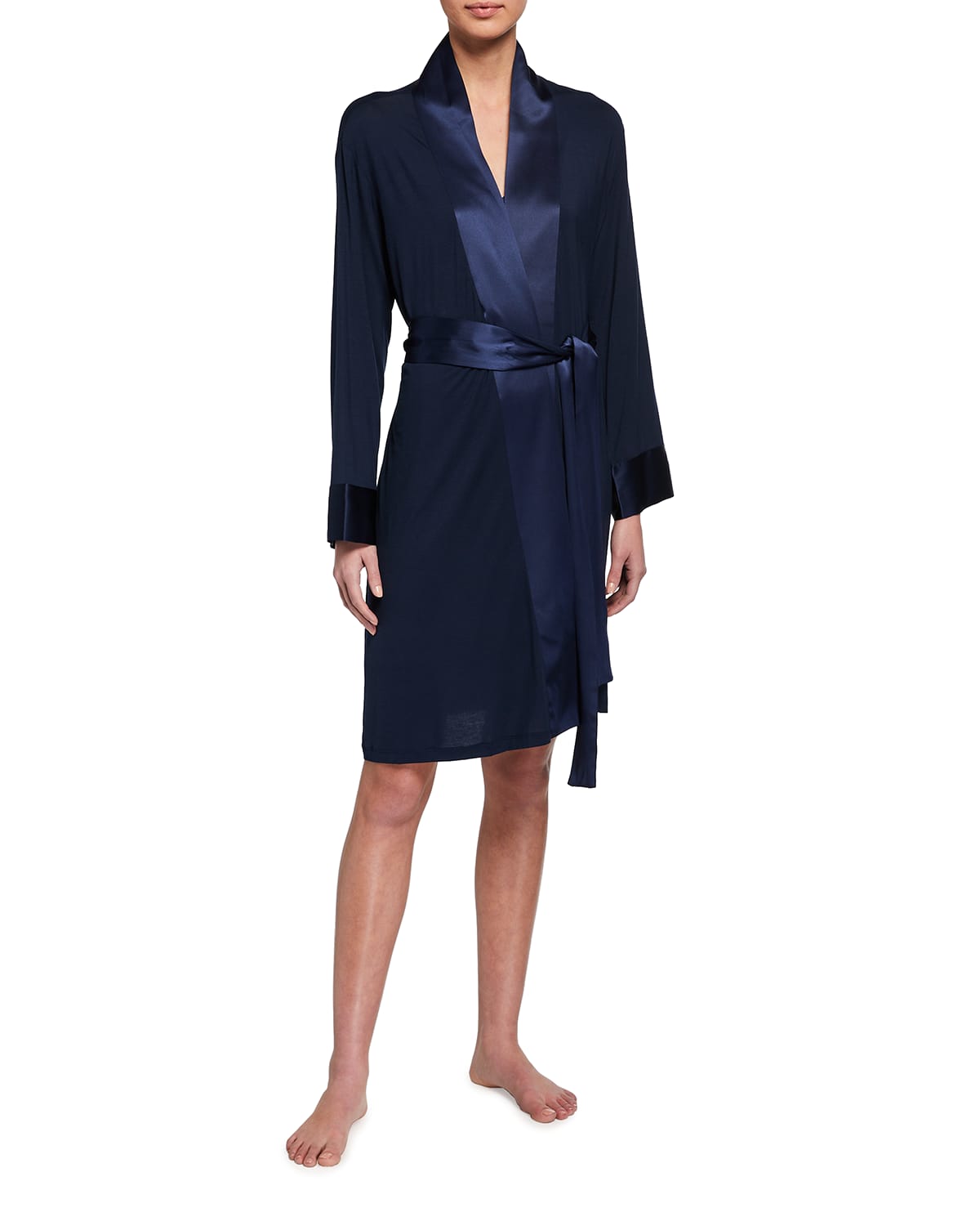 Josie Natori Sleek Lace-Trim Silk Robe | Neiman Marcus