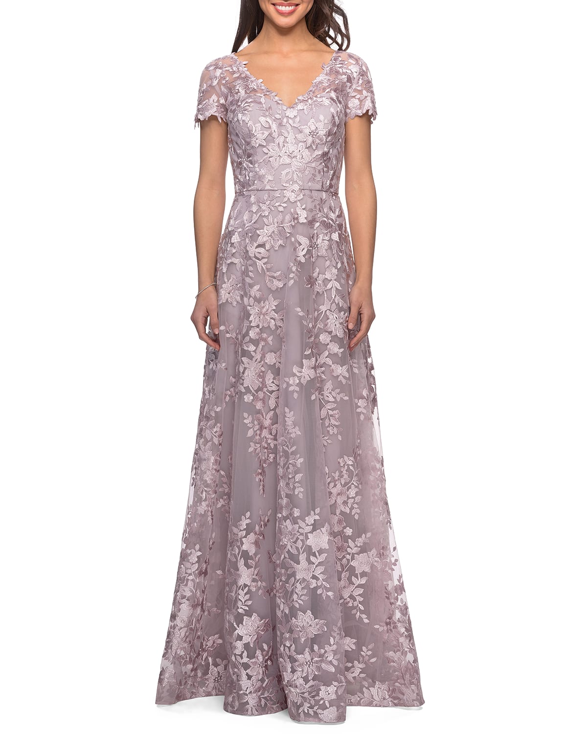 Theia Metallic Floral V-Neck Sleeveless A-Line Gown | Neiman Marcus