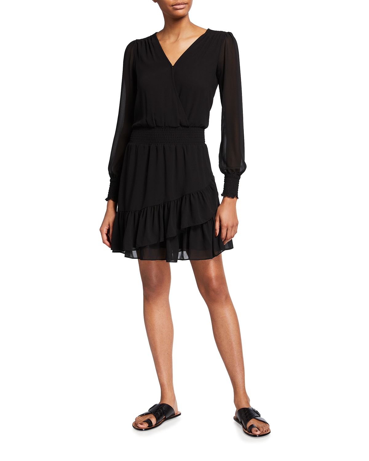 Ramy Brook Corina Long-Sleeve Smocked-Waist Mini Ruffle Dress | Neiman ...