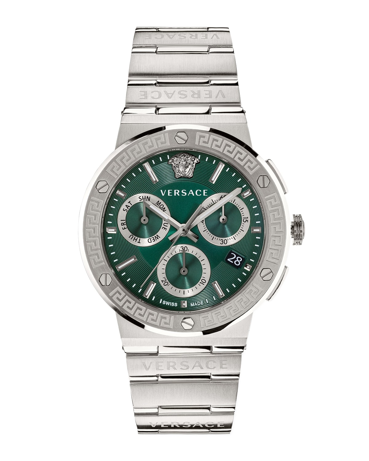 Versace Men's 43mm Greca Logo Chrono Watch In Green | ModeSens