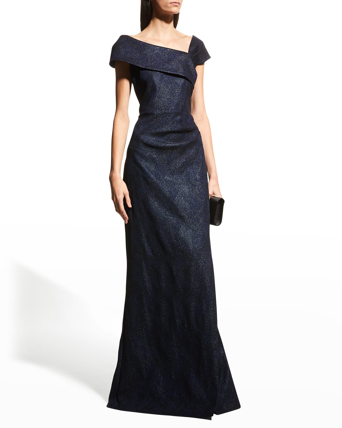 Rickie Freeman For Teri Jon Asymmetric Metallic Jacquard Gown In Navy ... Rickie Freeman For Teri Jon Asymmetric Metallic Jacquard Gown In Navy ...