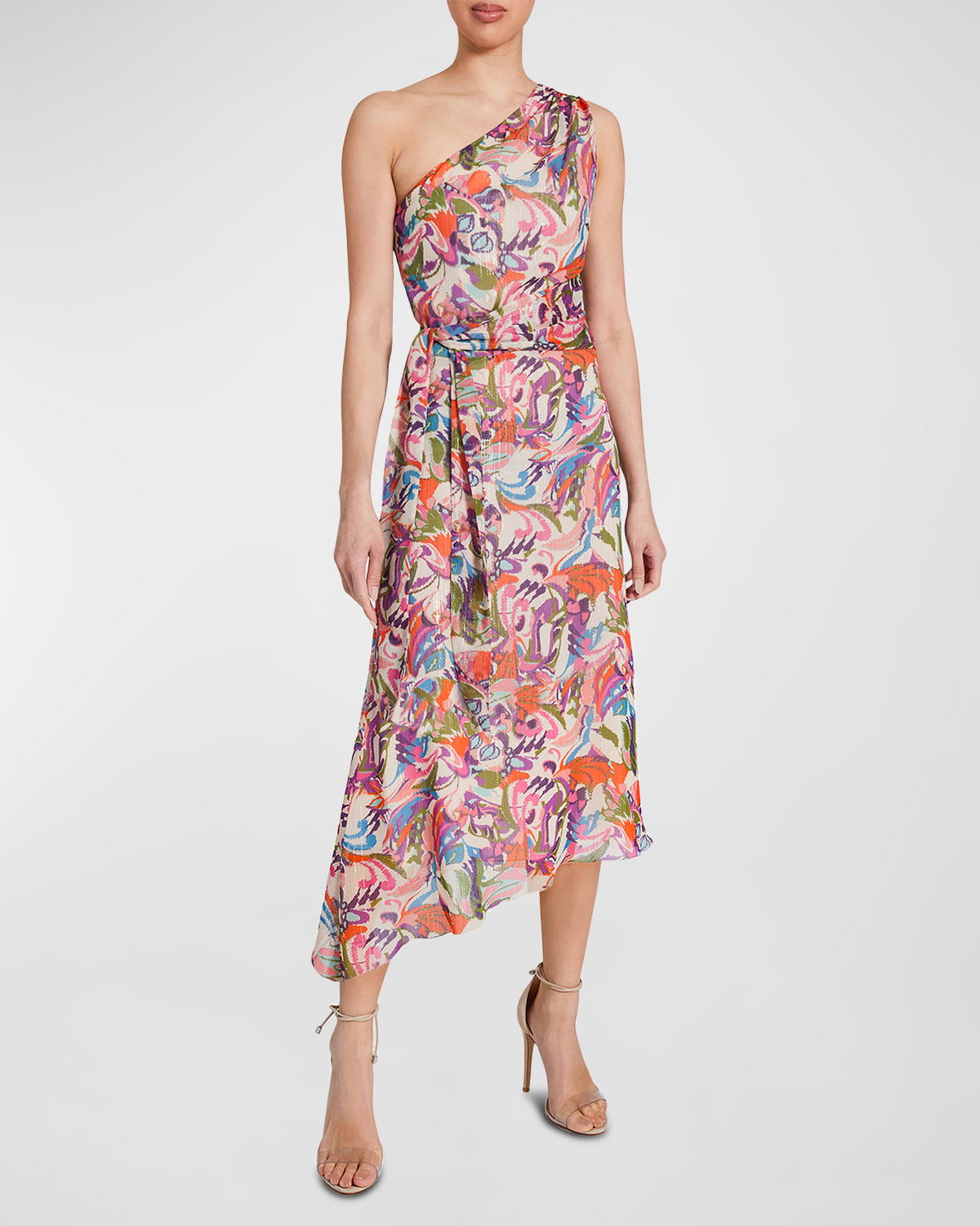 Shoshanna One-Shoulder Bow-Front Floral-Print Midi Dress | Neiman Marcus