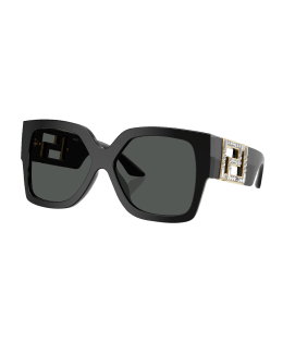 Versace Embellished Greca Acetate Rectangle Sunglasses | Neiman Marcus