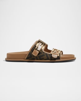 Fendi F Buckle Leather Slide Sandals | Neiman Marcus