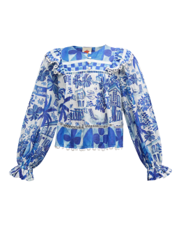 Farm Rio Embroidered Cotton Lace V-Neck Blouse | Neiman Marcus