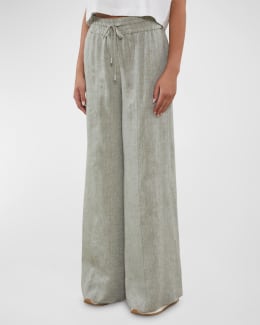 Peserico Pleated High-Rise Wide-Leg Linen Pants | Neiman Marcus