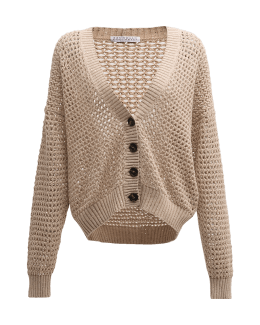 Brunello Cucinelli Open-Knit Long Net Cardigan with Paillette Detail ...
