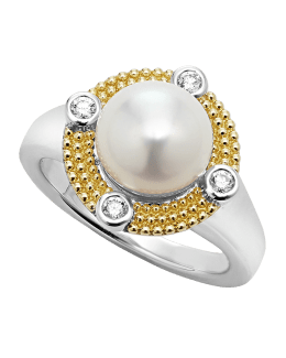 LAGOS Sterling Silver and 18K Luna Black Pearl Lux with Diamonds Ring ...
