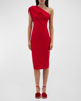 Rachel Gilbert Edan One-Shoulder Ruched Crepe Midi Dress | Neiman Marcus