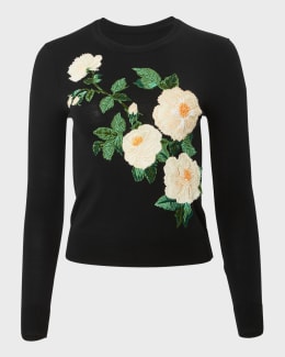 Elie Saab Floral Embroidered Wool Crewneck Sweater | Neiman Marcus