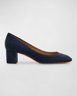 Santoni Suede Buckle Block-Heel Pumps | Neiman Marcus