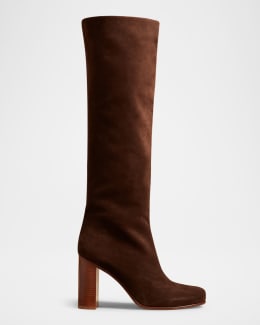 Manolo Blahnik Pitana Suede Block-Heel Knee Boots | Neiman Marcus