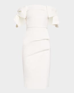 Jovani Off-Shoulder Bow-Embellished Midi Dress | Neiman Marcus