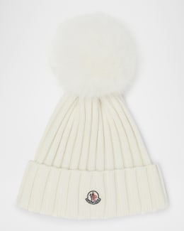 Moncler Ribbed Wool Beanie with Faux Fur Pom | Neiman Marcus