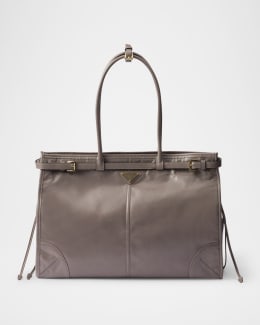 Prada Medium Linen-Blend and Leather Tote Bag | Neiman Marcus