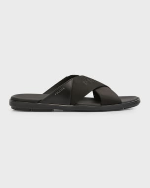 Prada Men's Leather Logo Slide Sandals | Neiman Marcus