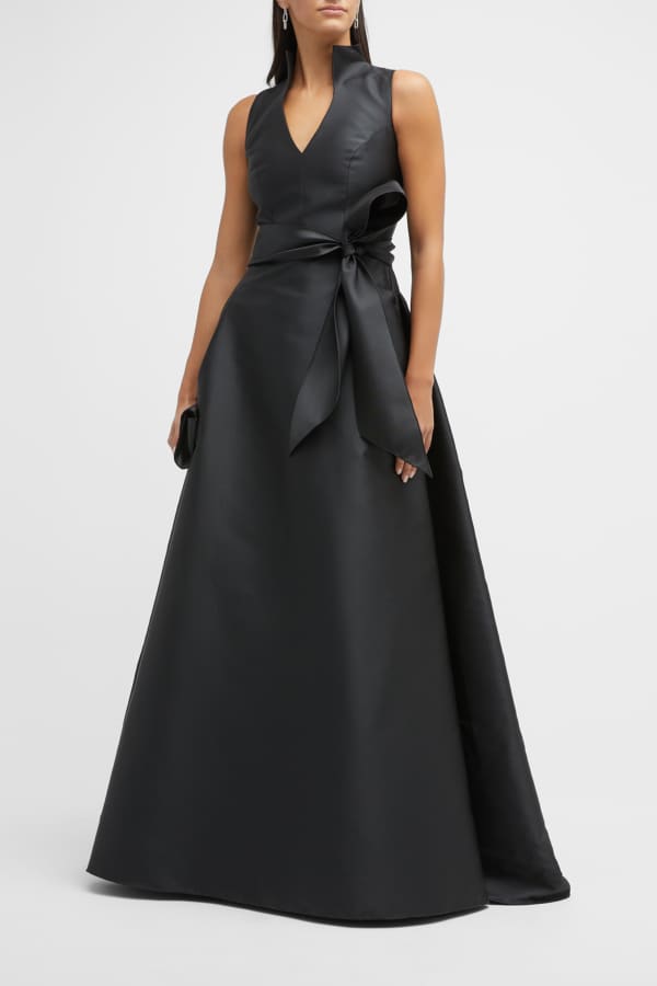 Kay Unger New York Kayla V-Neck Ruched Stretch Faille Gown | Neiman Marcus