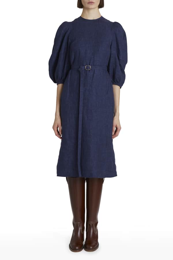 Andrew Gn Gem Embellished Belted Puff Sleeve Midi Dress Neiman Marcus