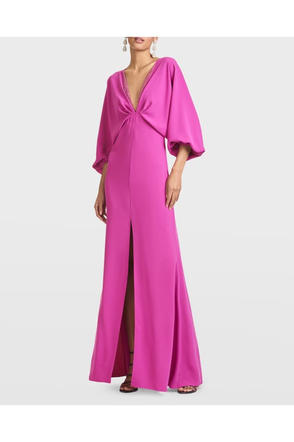 Kay Unger New York Kayla V-Neck Ruched Stretch Faille Gown | Neiman Marcus