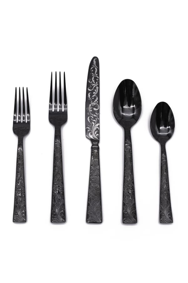Cambridge Silversmiths 20-Piece Meridian Black Satin Hammered Flatware ...