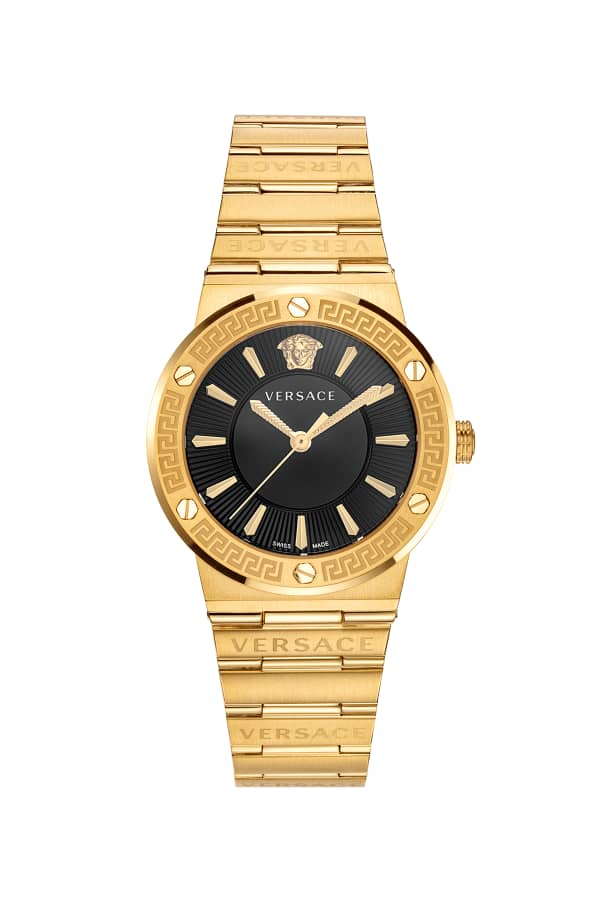 Versace Greca Logo Watch with Leather Strap, Yellow Gold/Red | Neiman ...