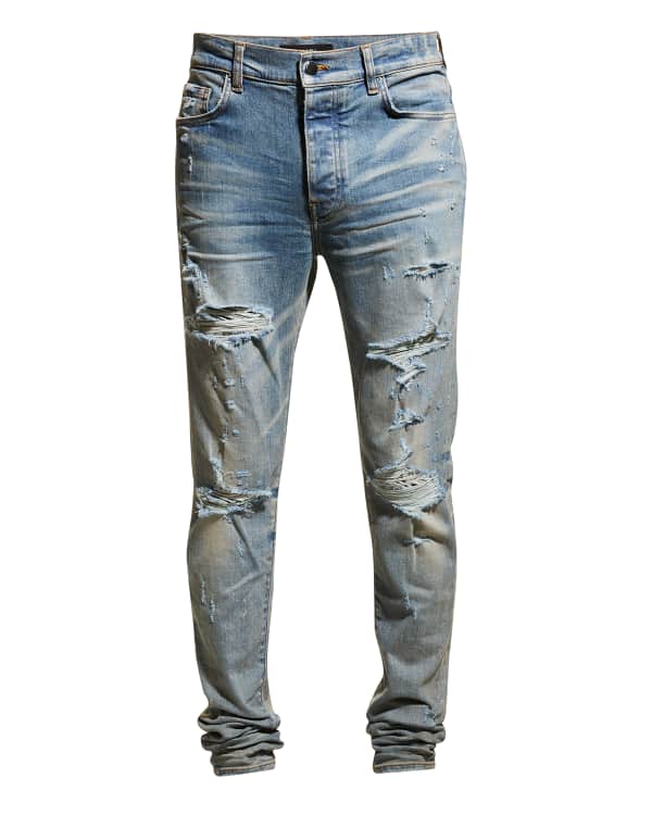 Amiri Men's Paint Splatter Skinny Jeans w/ Check Insert | Neiman Marcus