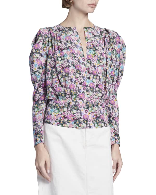 Isabel Marant Jen Floral-Print Ruched Puff-Sleeve Blouse | Neiman Marcus