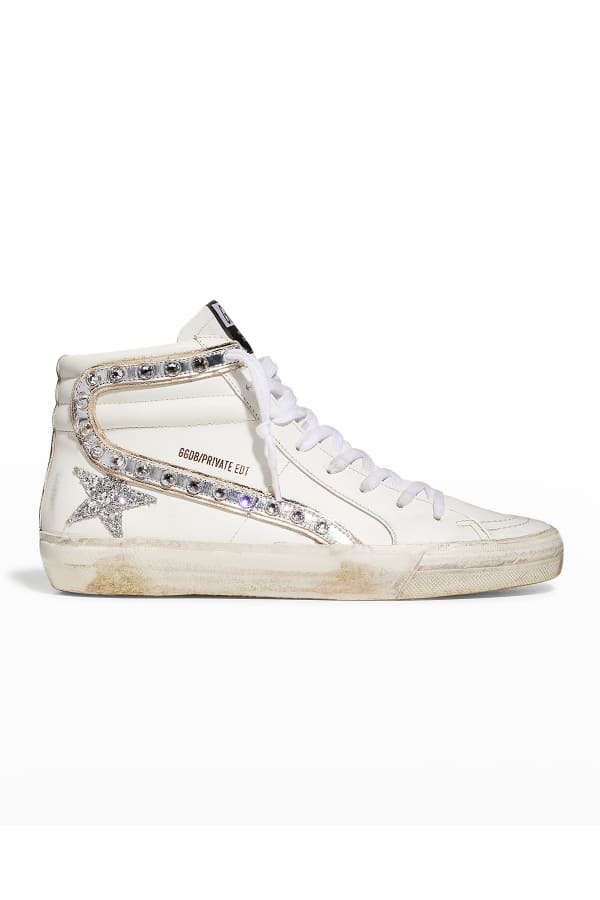 Golden Goose Slide Mid-Top Glitter Leather Sneakers | Neiman Marcus
