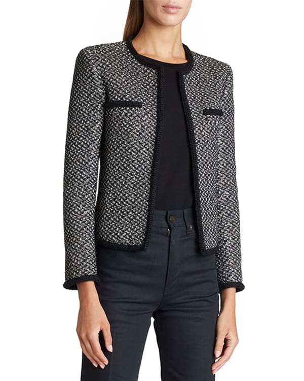 Balmain Collarless Pearlescent Crystal Embellished Tweed Jacket w/ Fringe Trim | Neiman Marcus