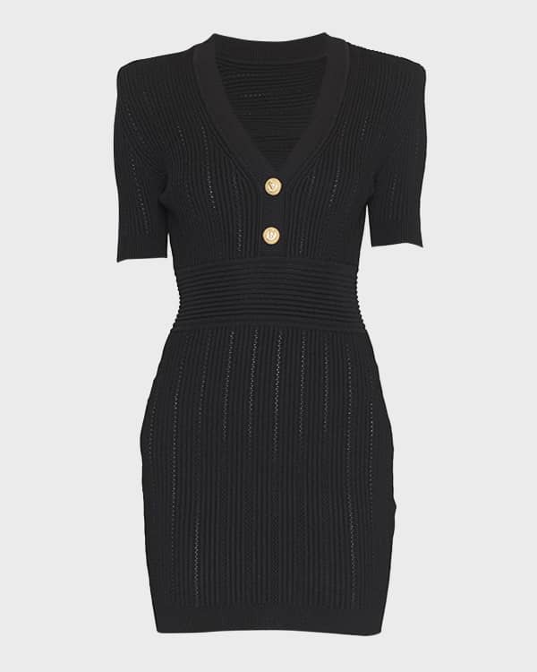 Balmain Mock-Neck Button Strong-Shoulder Knit Mini Dress | Neiman Marcus