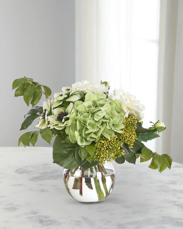 NDI Hydrangea and Protea 15" Faux Floral Arrangement in Moss Garden | Neiman Marcus
