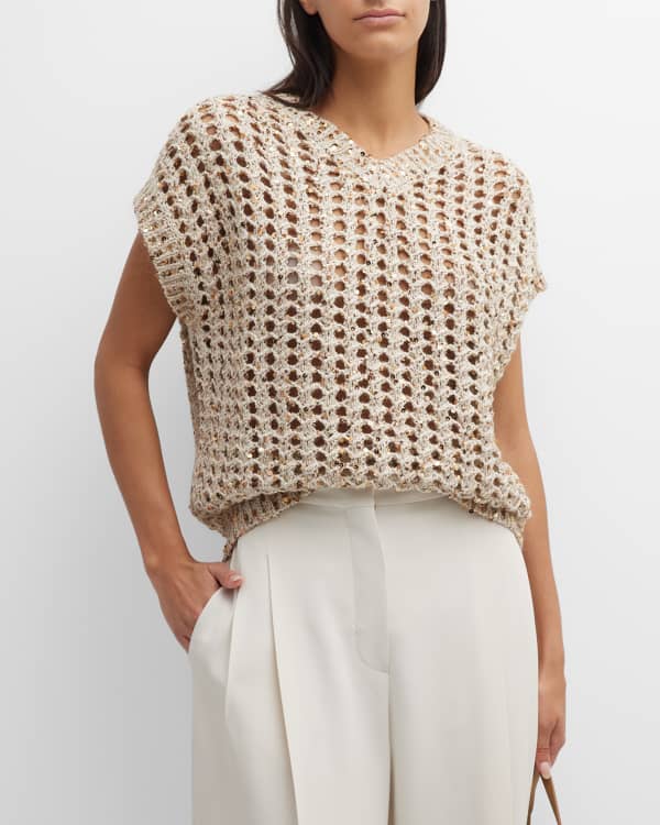 Brunello Cucinelli Linen-Silk Paillette Net-Knit Sweater | Neiman Marcus