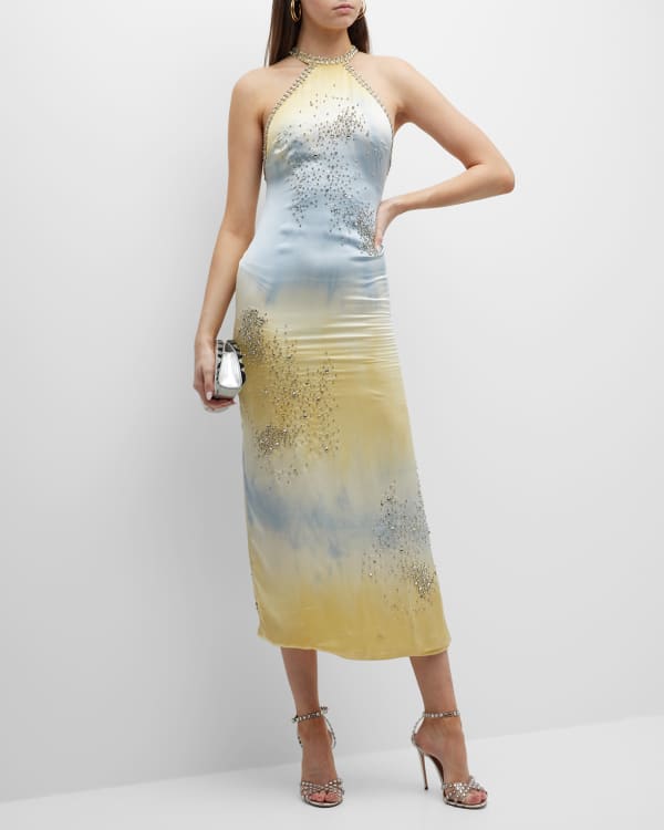 ALEMAIS Trippy Troppo Tile-Print Linen Halter Midi Dress | Neiman Marcus