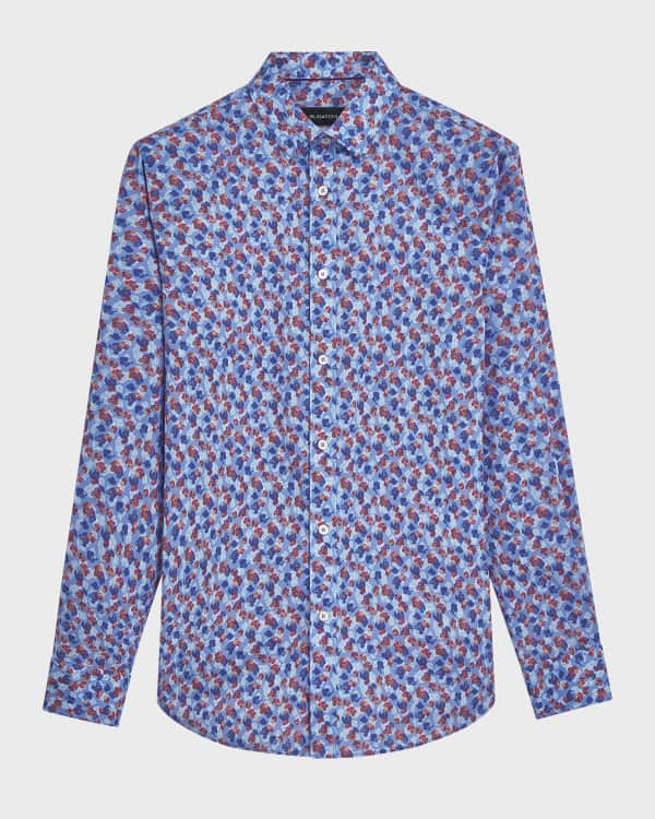 Nanushka Men's Josia Check Flowers Silk Sport Shirt | Neiman Marcus