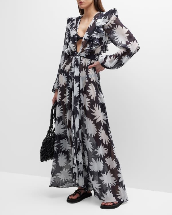 PatBO Netted Ruffle Tie-Front Maxi Coverup Robe | Neiman Marcus