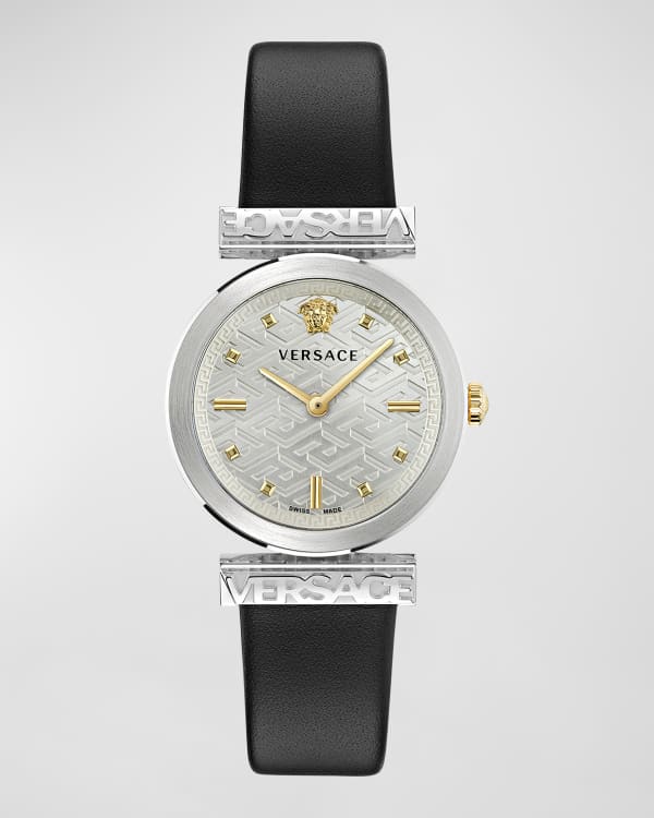 Versace Logo Halo Watch with Black Leather Strap, Stainless Steel ...