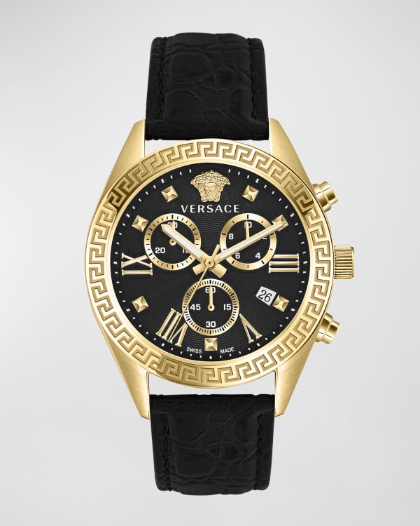 Versace Logo Halo Watch with Black Leather Strap, Stainless Steel ...