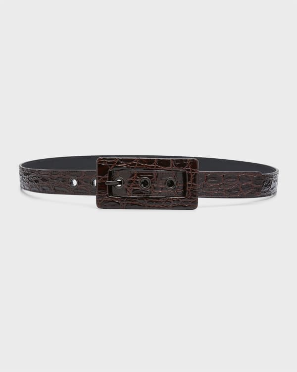 Saint Laurent Golden YSL Monogram Croc-Embossed Leather Belt | Neiman ...