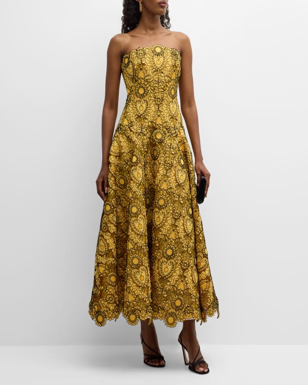 Elie Saab Floral Embroidered Swiss Dot Strapless Gown | Neiman Marcus