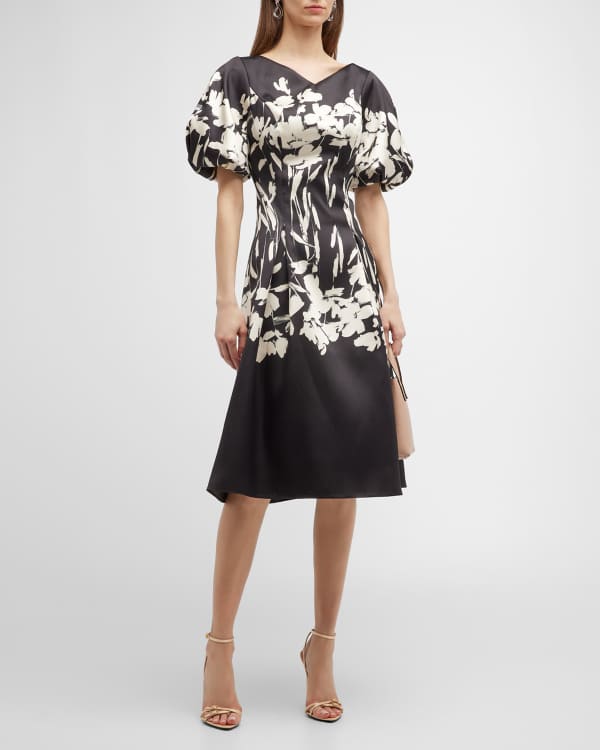 Rickie Freeman for Teri Jon Pleated Off-Shoulder Floral-Print Midi Dress | Neiman Marcus