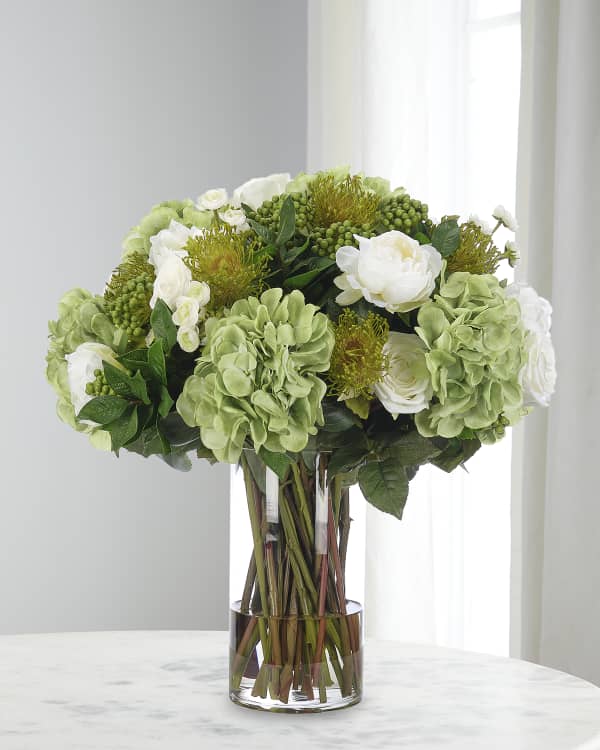 NDI Hydrangea and Protea 15" Faux Floral Arrangement in Moss Garden | Neiman Marcus