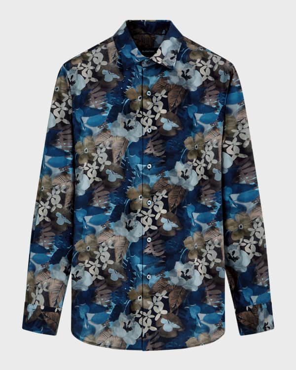 Nanushka Men's Josia Check Flowers Silk Sport Shirt | Neiman Marcus