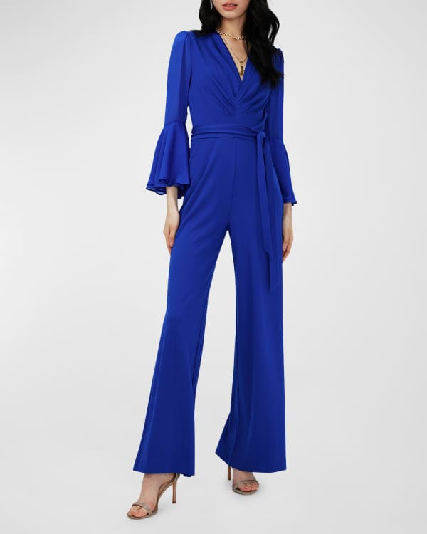 Kay Unger New York Pleated Short-Sleeve Crepe Walk-Thru Jumpsuit ...