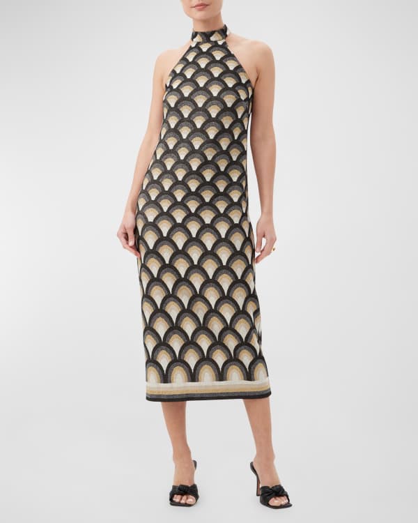 ALEMAIS Trippy Troppo Tile-Print Linen Halter Midi Dress | Neiman Marcus